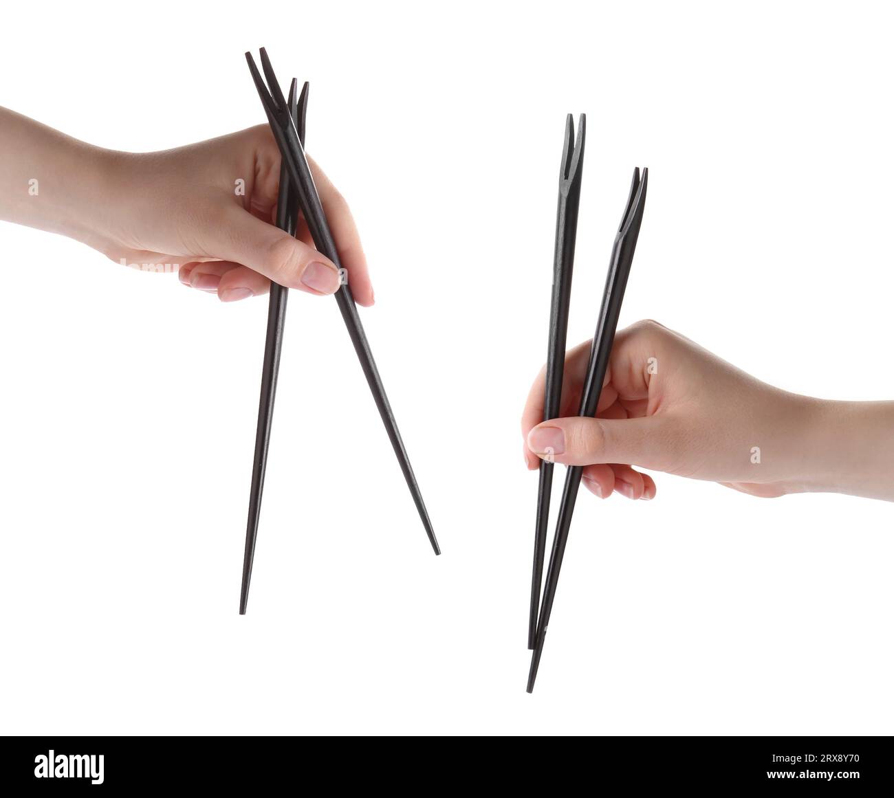 Woman holding chopsticks isolated on white, closeup. Collage with ...