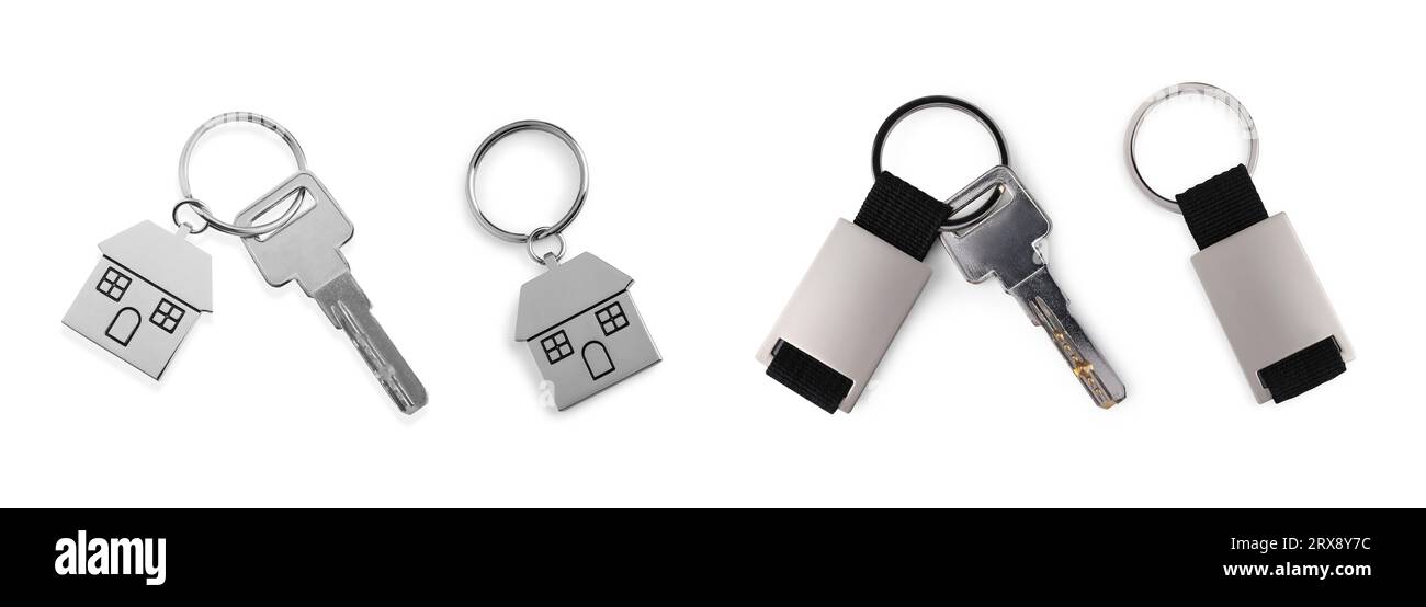 Set with keys and key chains isolated on white Stock Photo - Alamy