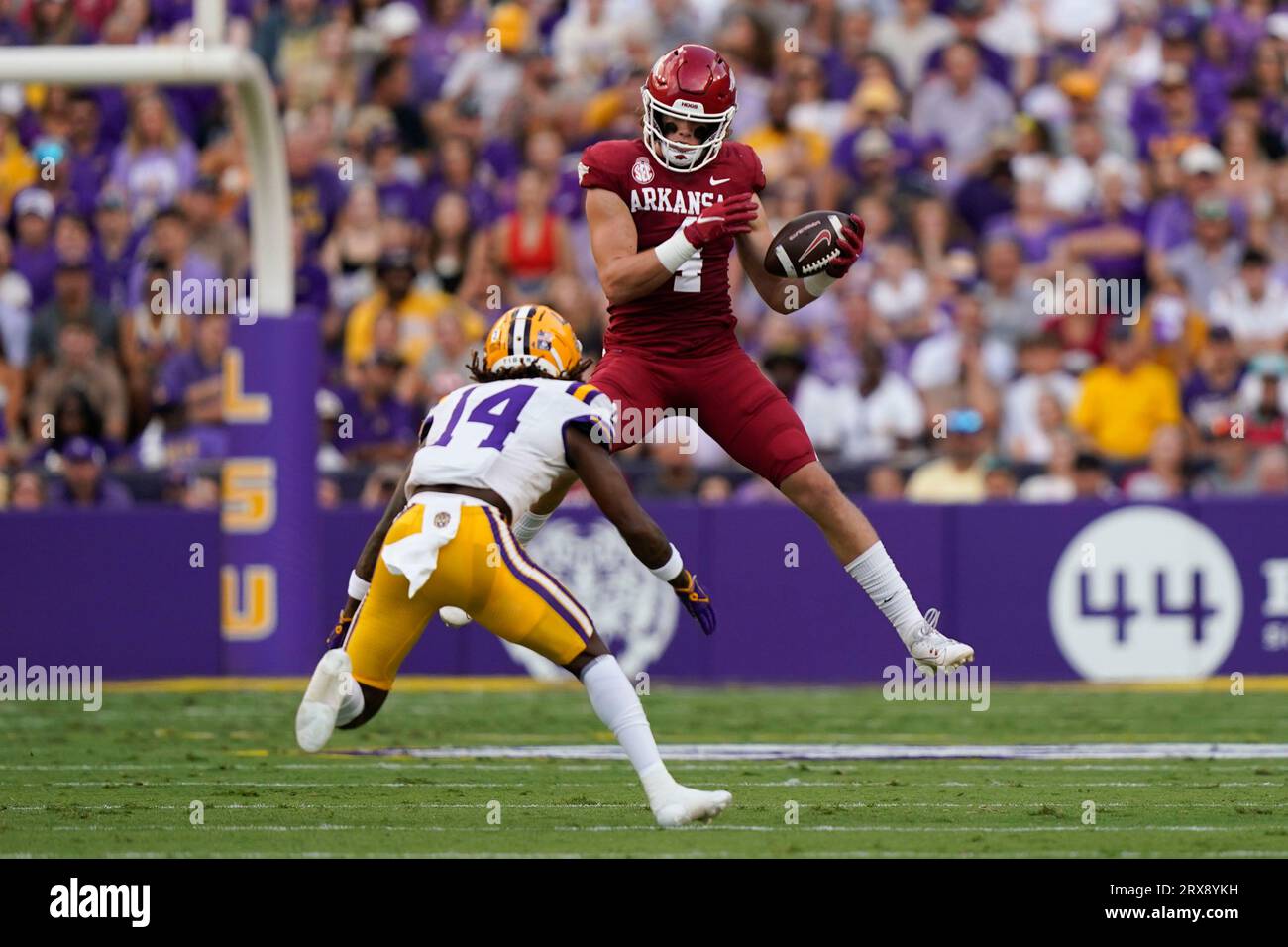 Arkansas wide receiver Isaac TeSlaa (4) pulls in a pass against LSU ...