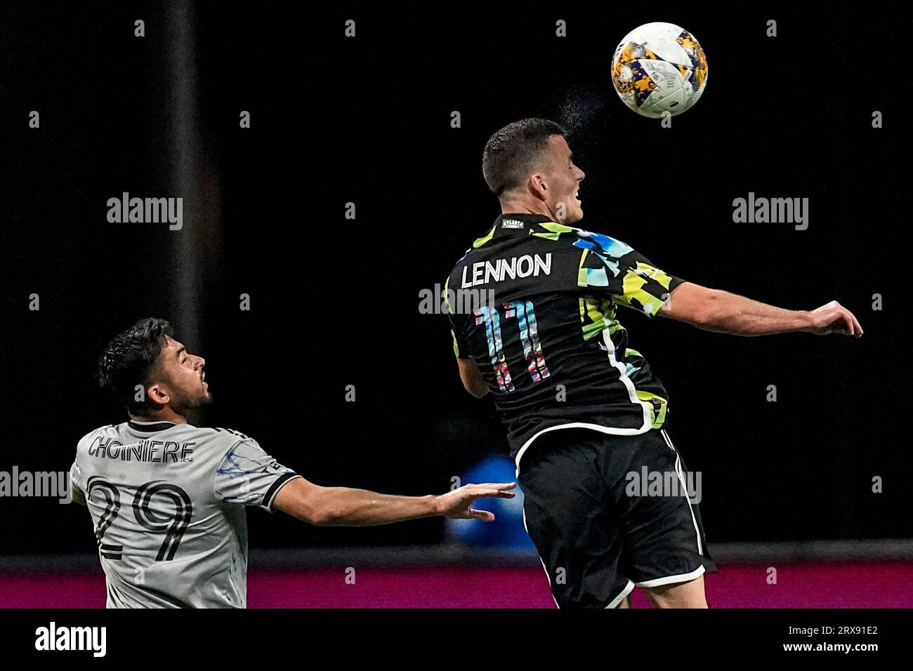Atlanta United defender Brooks Lennon (11) heads the ball against CF ...
