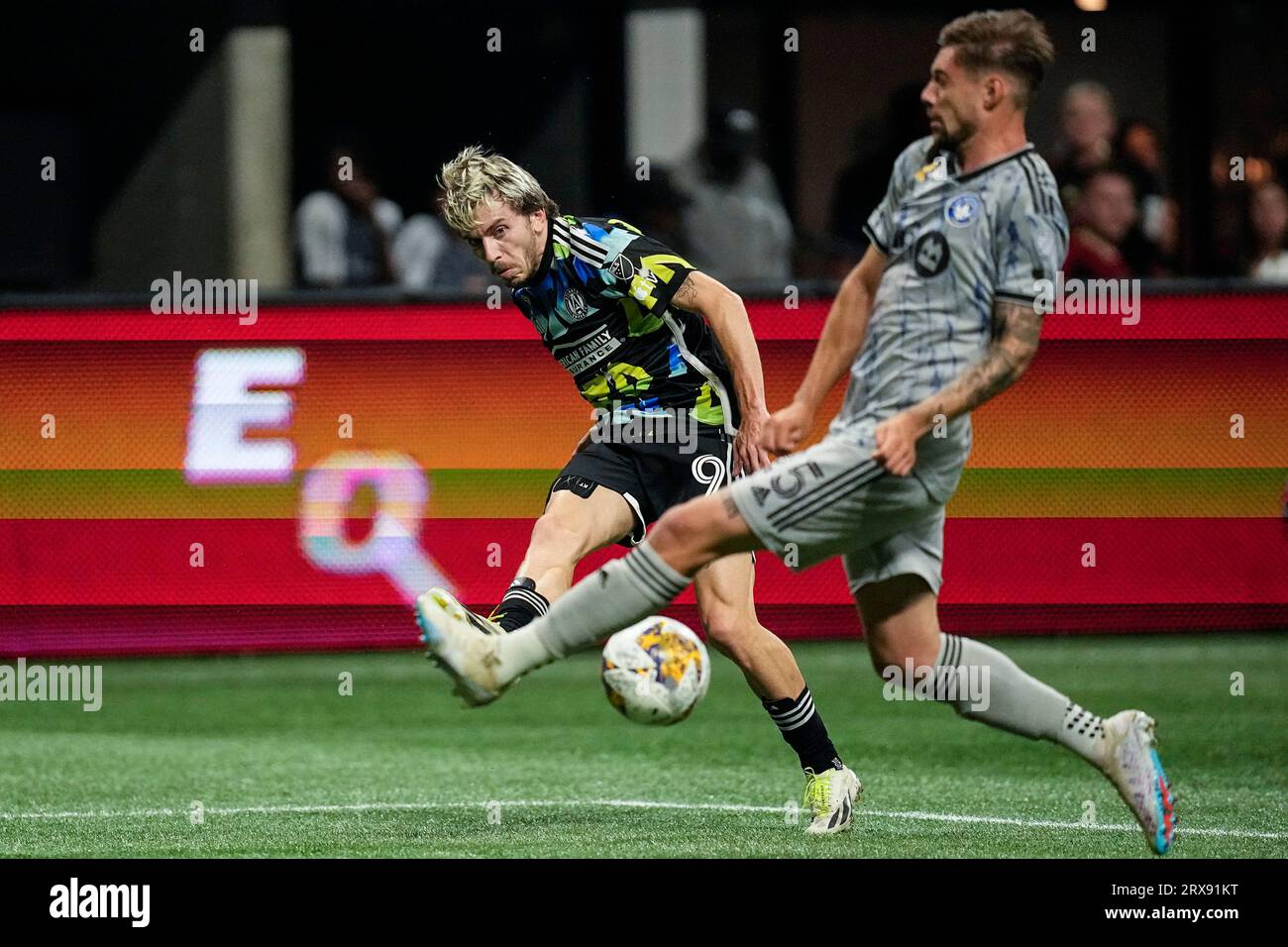 Atlanta United midfielder Saba Lobjanidze (9) kicks the ball against CF ...