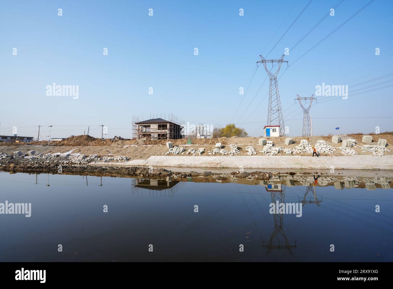 Water conservancy project construction site on the bank of the canal ...