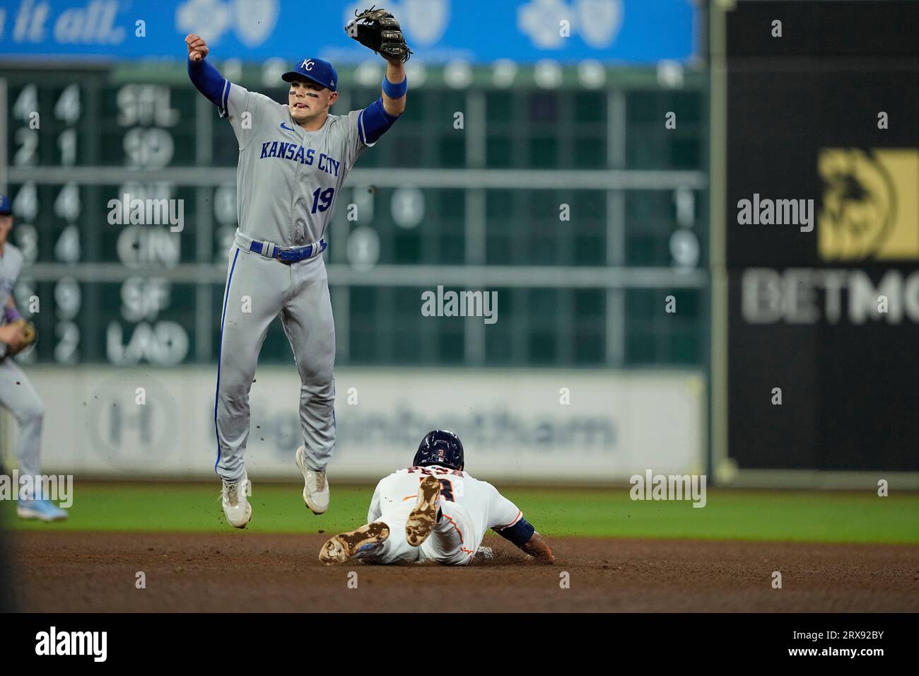 Houston Astros' Jeremy Peña (3) steals second base as Kansas City ...