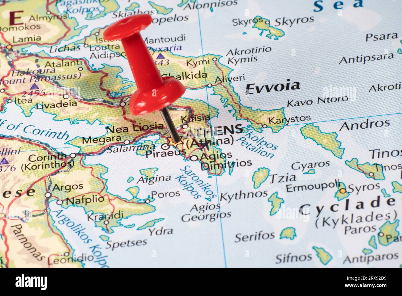 A red push in placed on a map locating Athens Greece Stock Photo - Alamy