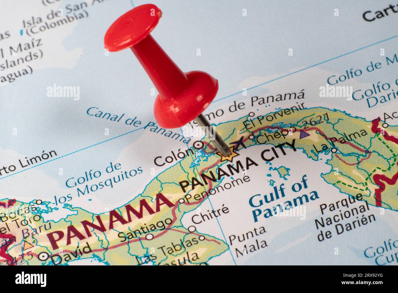 A red push in placed on a map locating Panama Stock Photo - Alamy