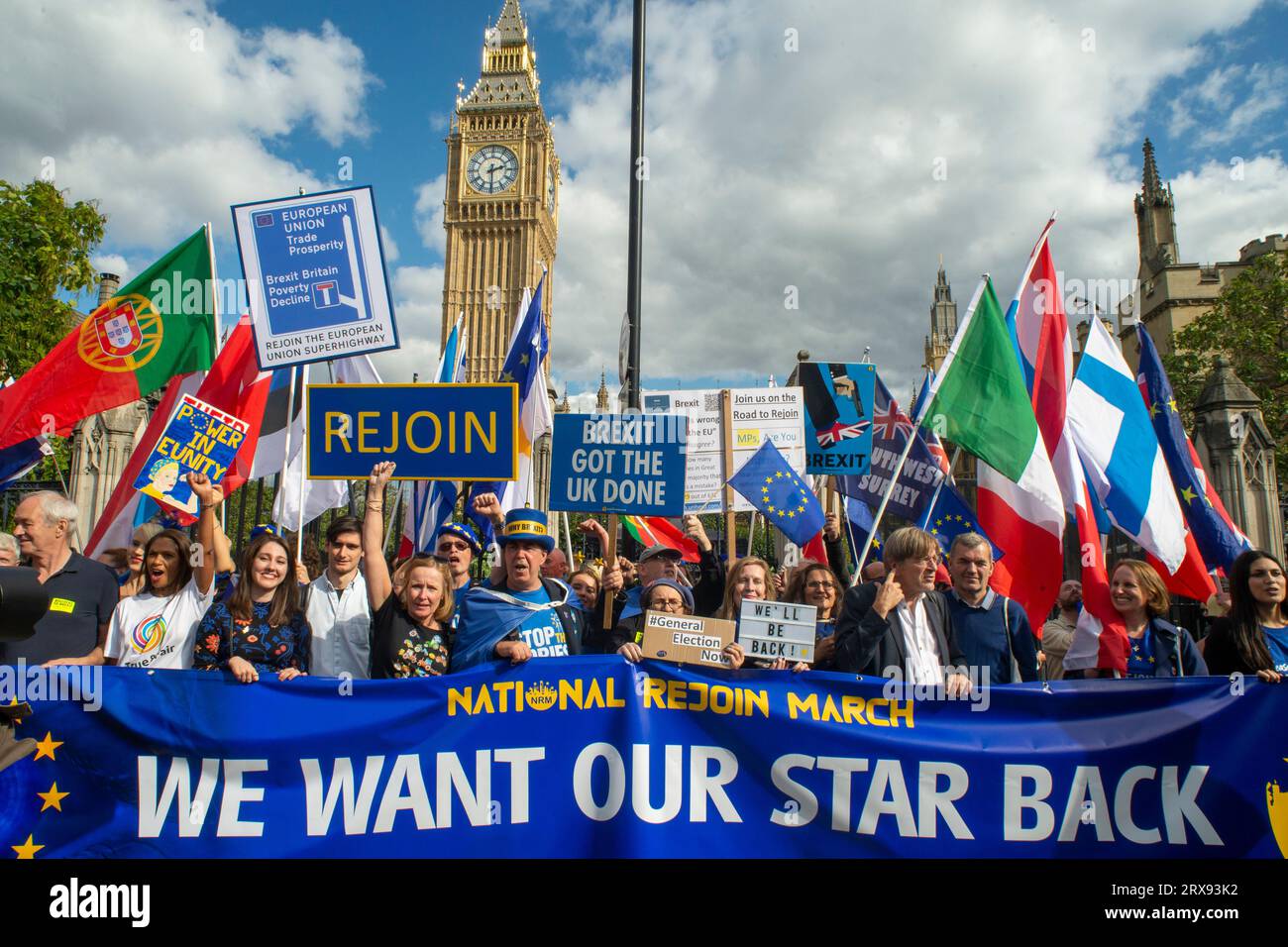 London, UK - 23rd September 2023 - The march banner and EU country ...