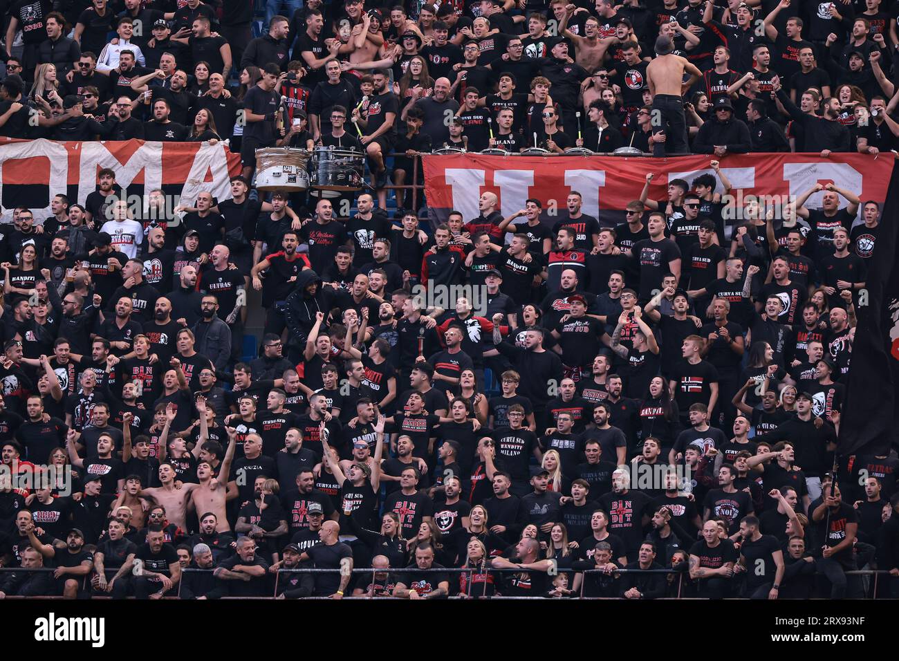 Milan, Italy. 23rd Sep, 2023. AC Milan fans in the south curve cheer on ...