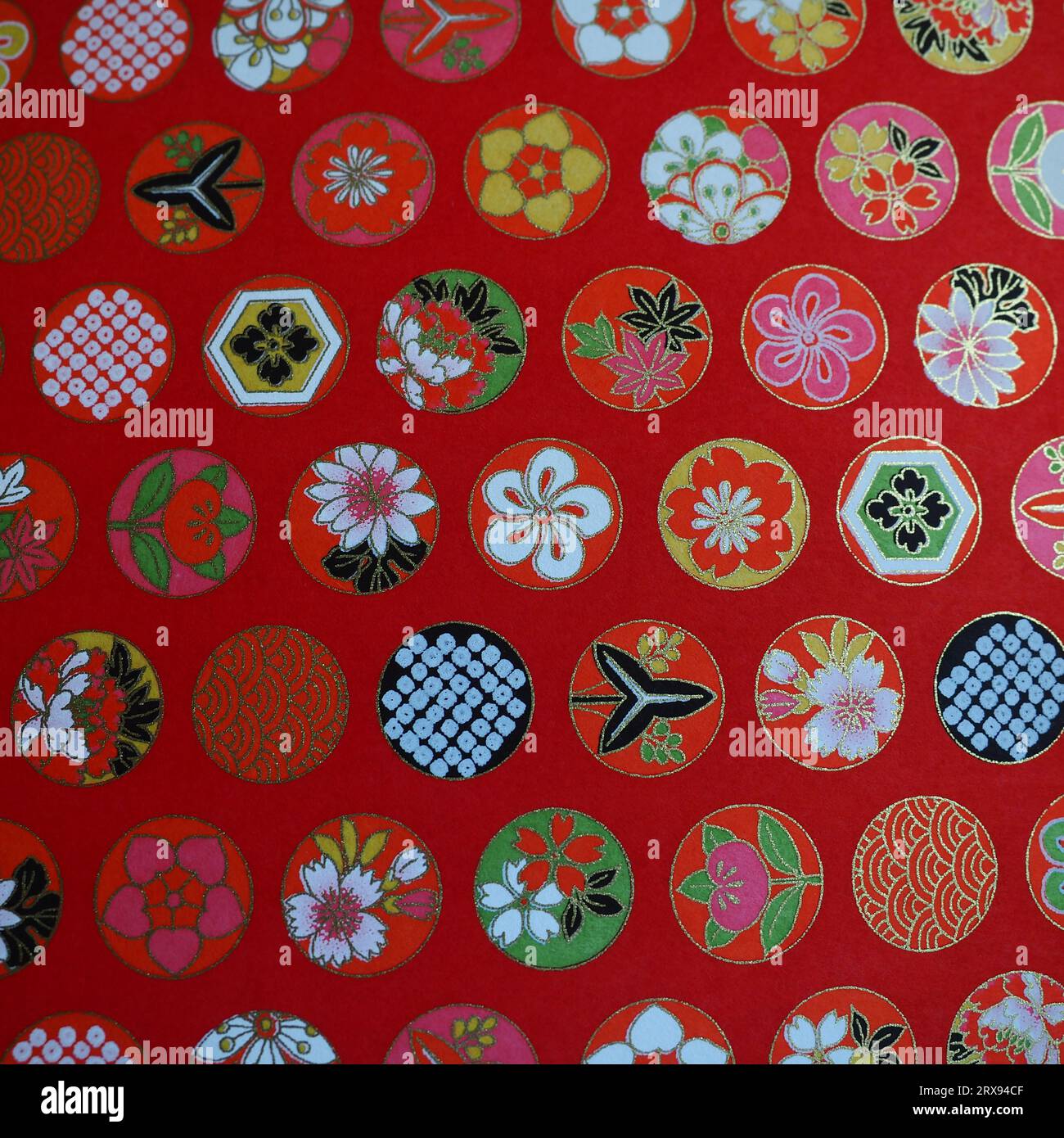 Japanese traditional patterns with floral theme and red background ...