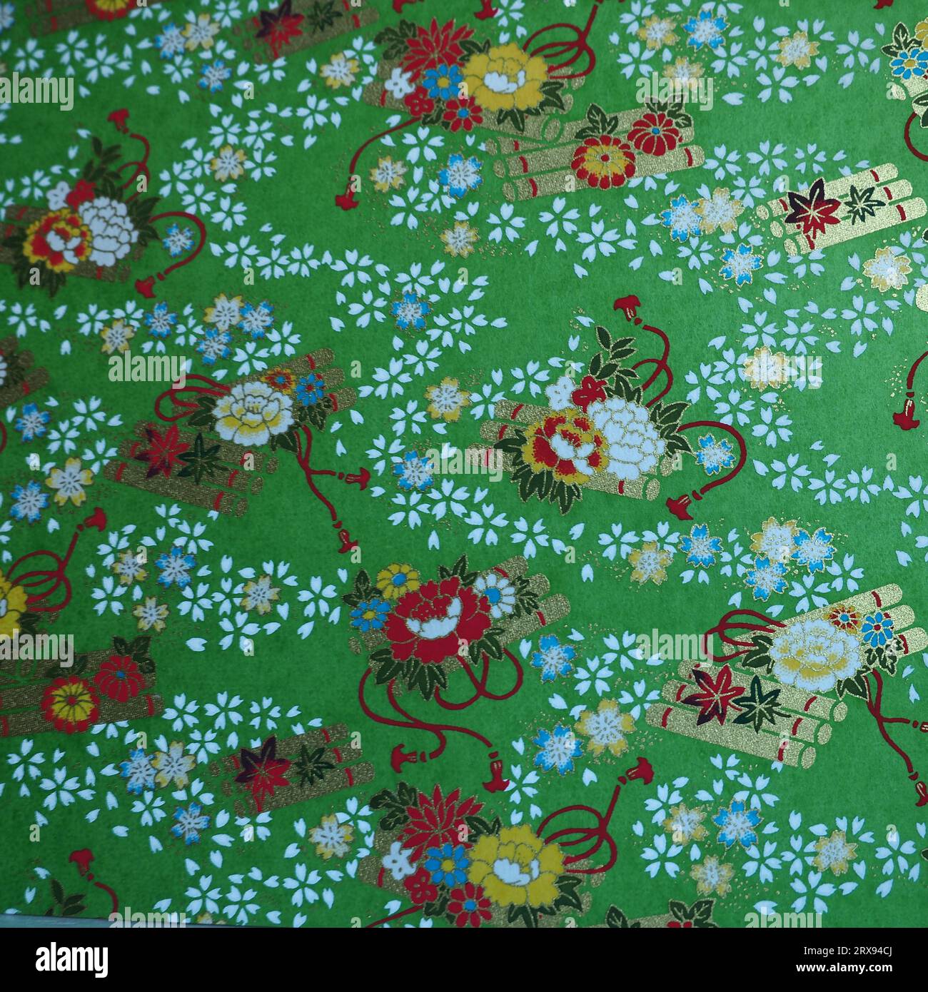 Traditional Japanese patterns - festive, floral, green background Stock ...