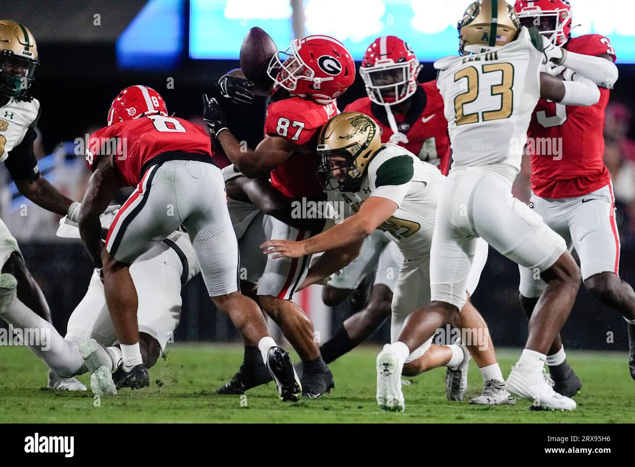 Georgia wide receiver Mekhi Mews (87) fumbles as he his hit by UAB long ...