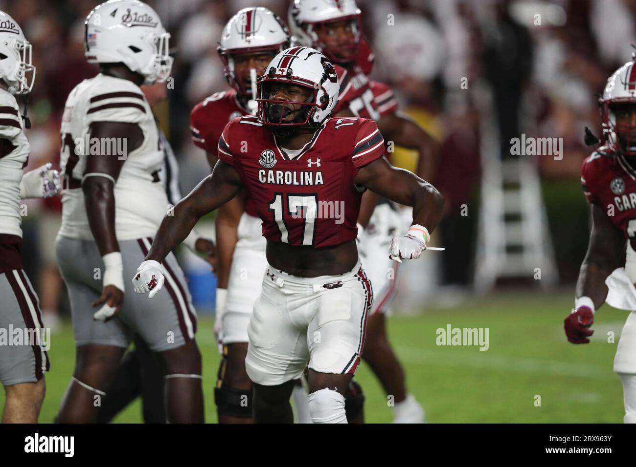 South Carolina wide receiver Xavier Legette (17) celebrates a 76-yard ...