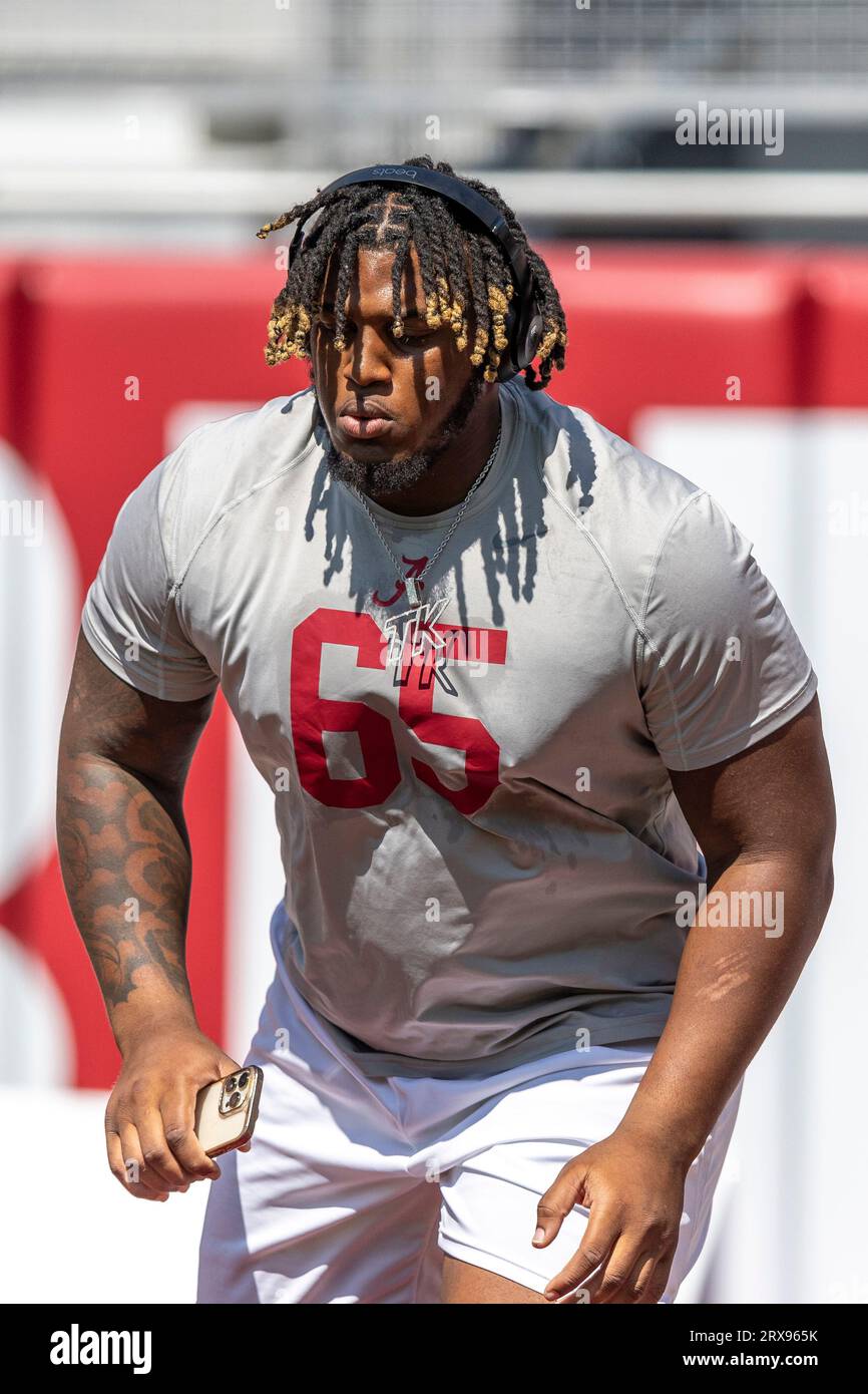 Alabama offensive lineman JC Latham (65) warms up early before an NCAA ...