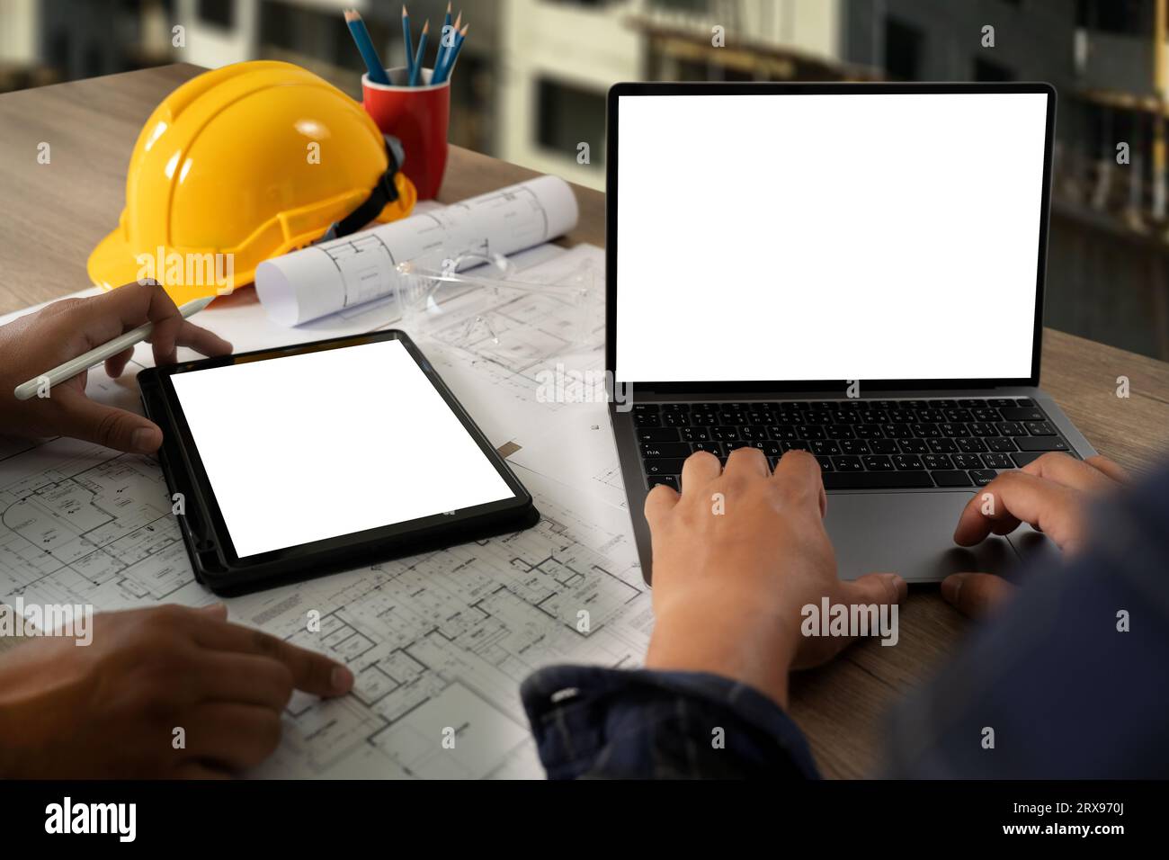 Engineer A construction technology worker checks an engineer using a ...
