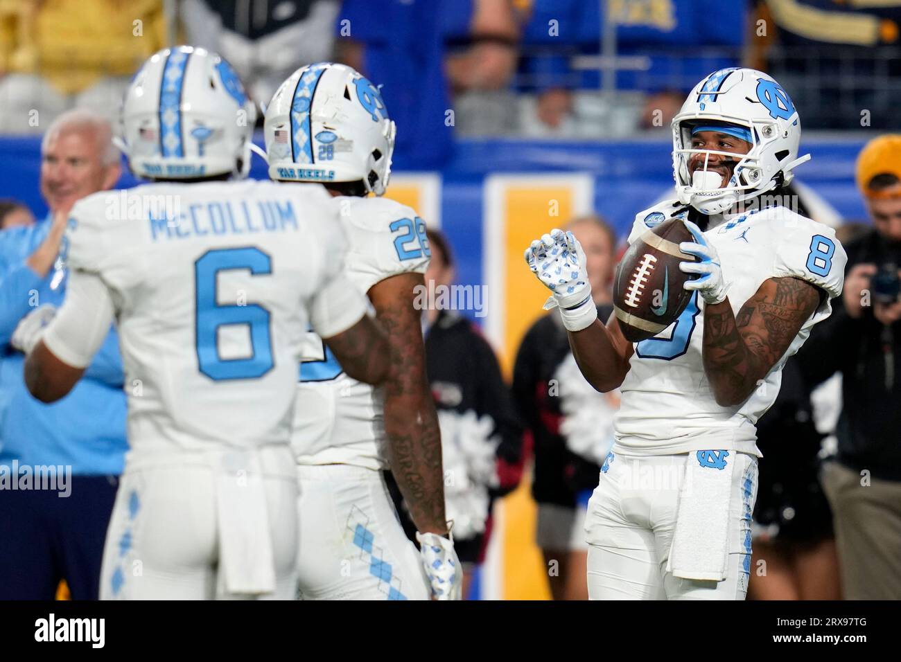 North Carolina wide receiver Kobe Paysour (8) celebrates after a ...