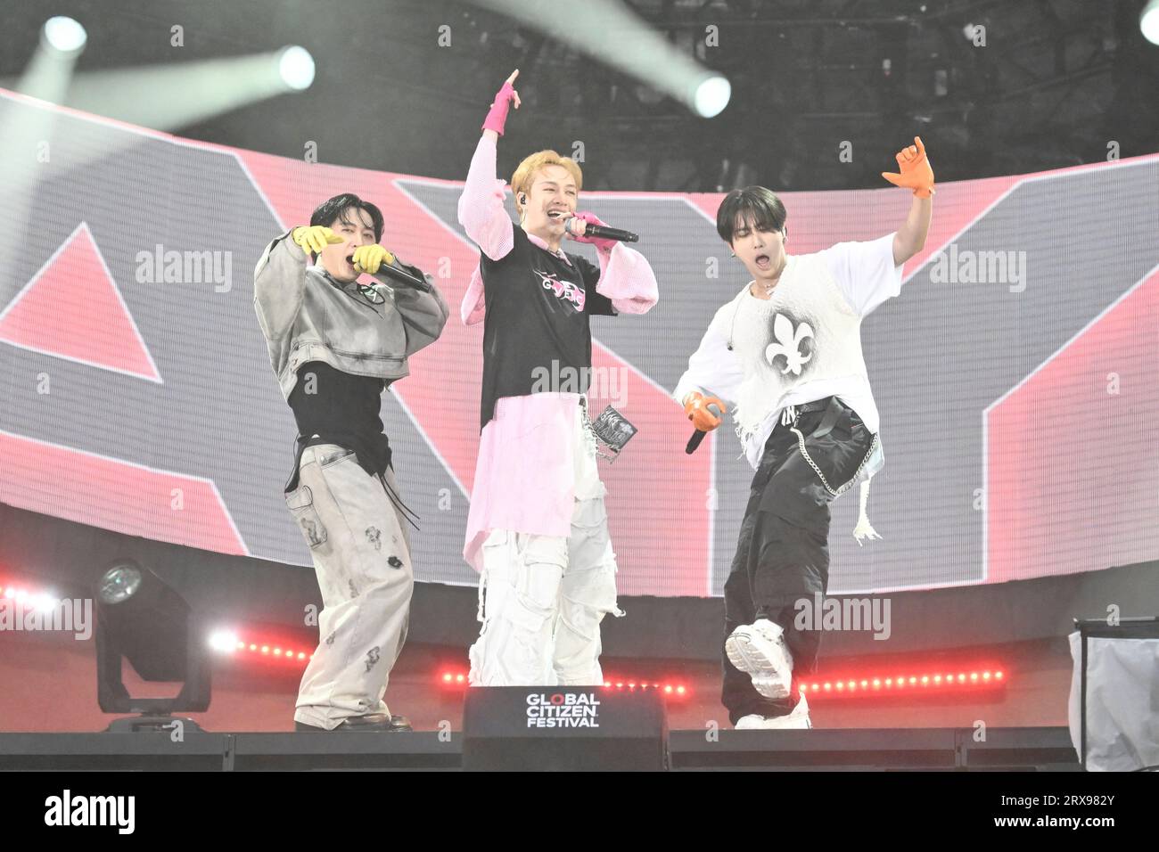 Changbin, from left, Bang Chan and Han of 3RACHA perform during the ...