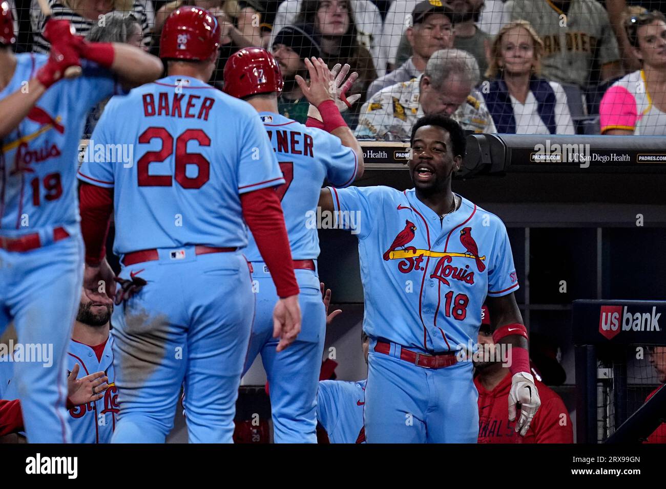 St. Louis Cardinals' Andrew Knizner, second from right, and Luken Baker ...