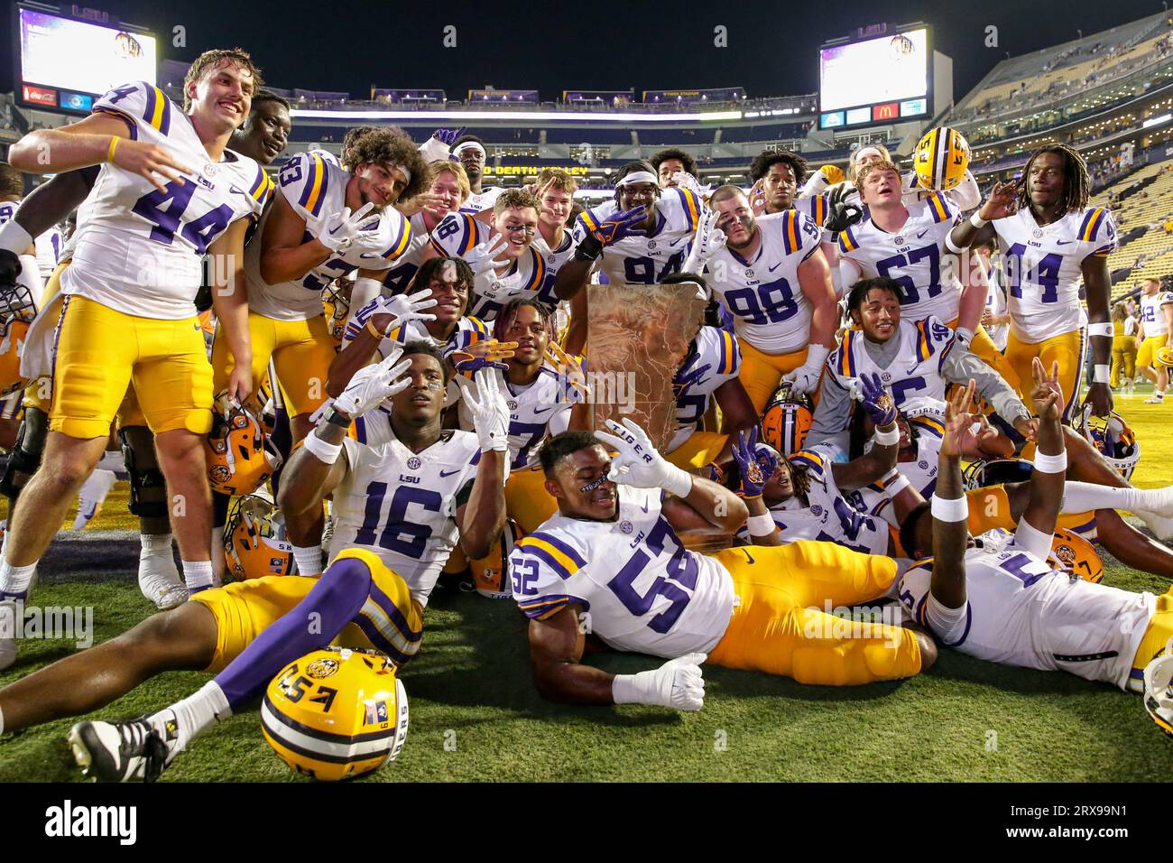 Baton Rouge, LA, USA. 23rd Sep, 2023. LSU players pose with The Boot ...