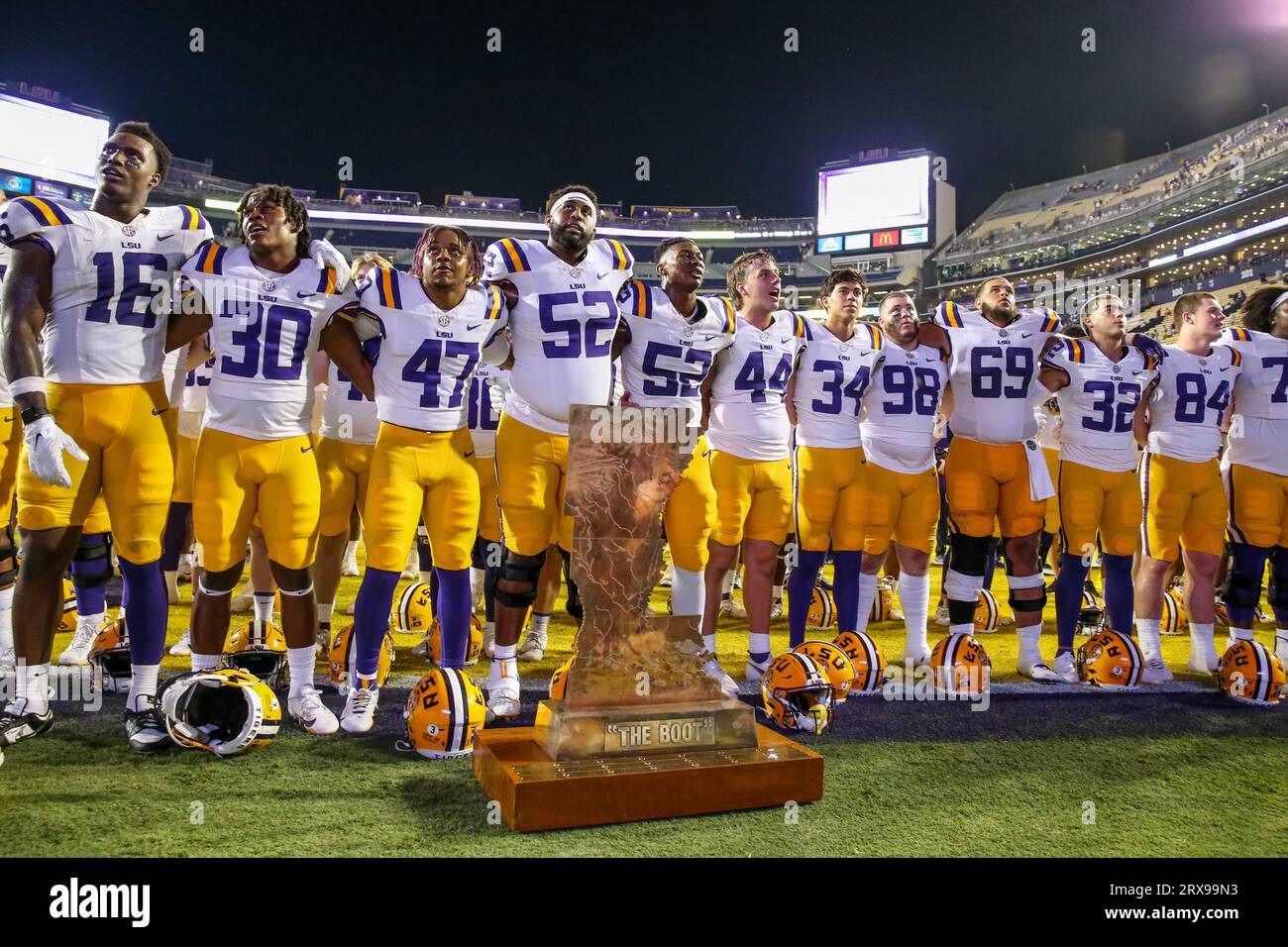 Baton Rouge, LA, USA. 23rd Sep, 2023. LSU players stand and sing the ...