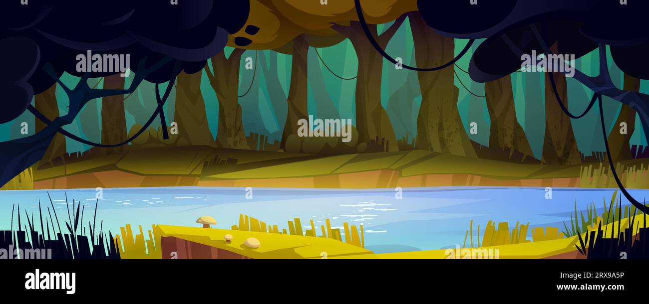 Forest landscape with lake and trees. Cartoon vector illustration of ...
