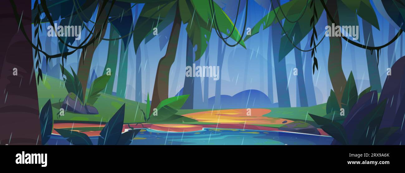 Rain in green tropic forest with lake cartoon vector background. Sand ...