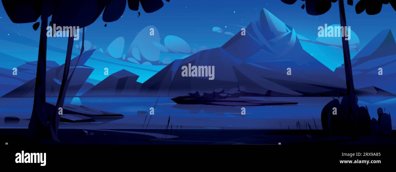 Night mountain landscape seen across sea bay. Vector cartoon ...