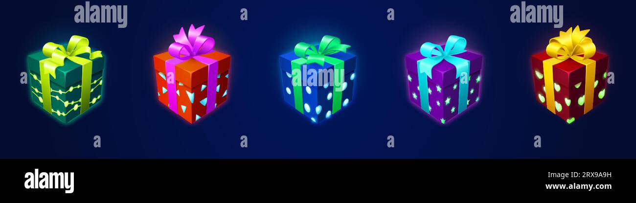 Gift box game ui assets - cartoon vector illustration set of neon ...