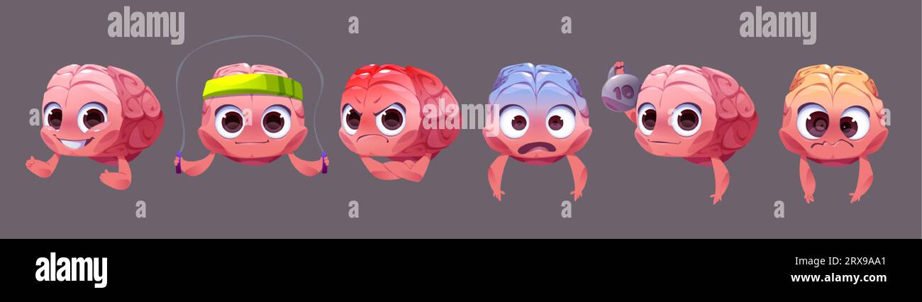 Brain cartoon character with different emotions. Vector illustration ...