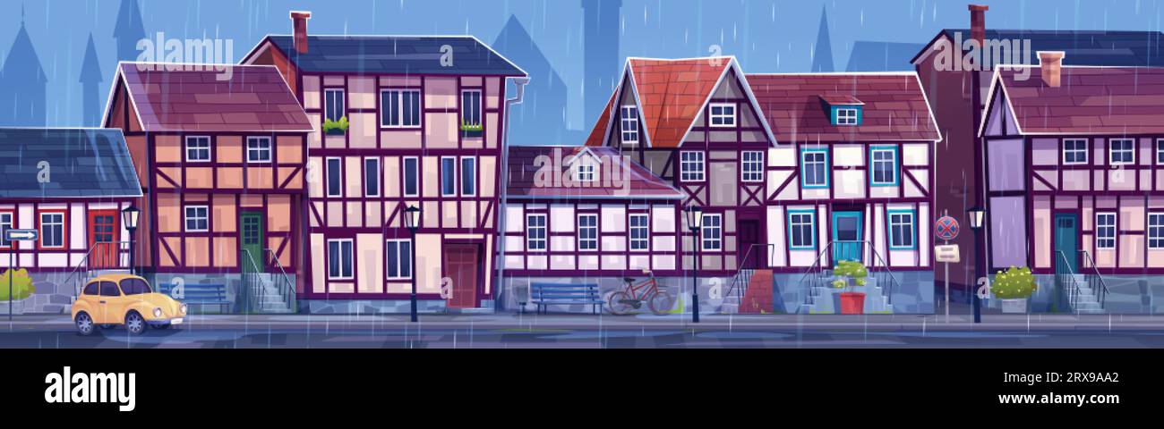 Rain in old European city street with traditional buildings. Vector ...