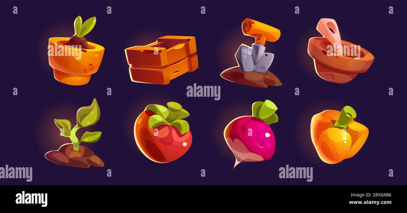 Farm gardening game ui icon of tool and vegetable vector cartoon ...