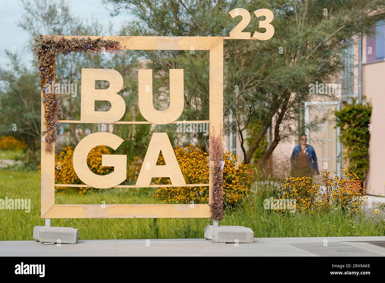 Mannheim, Germany. 20th Sep, 2023. A wooden construction with the lettering "BUGA 23" stands on ...