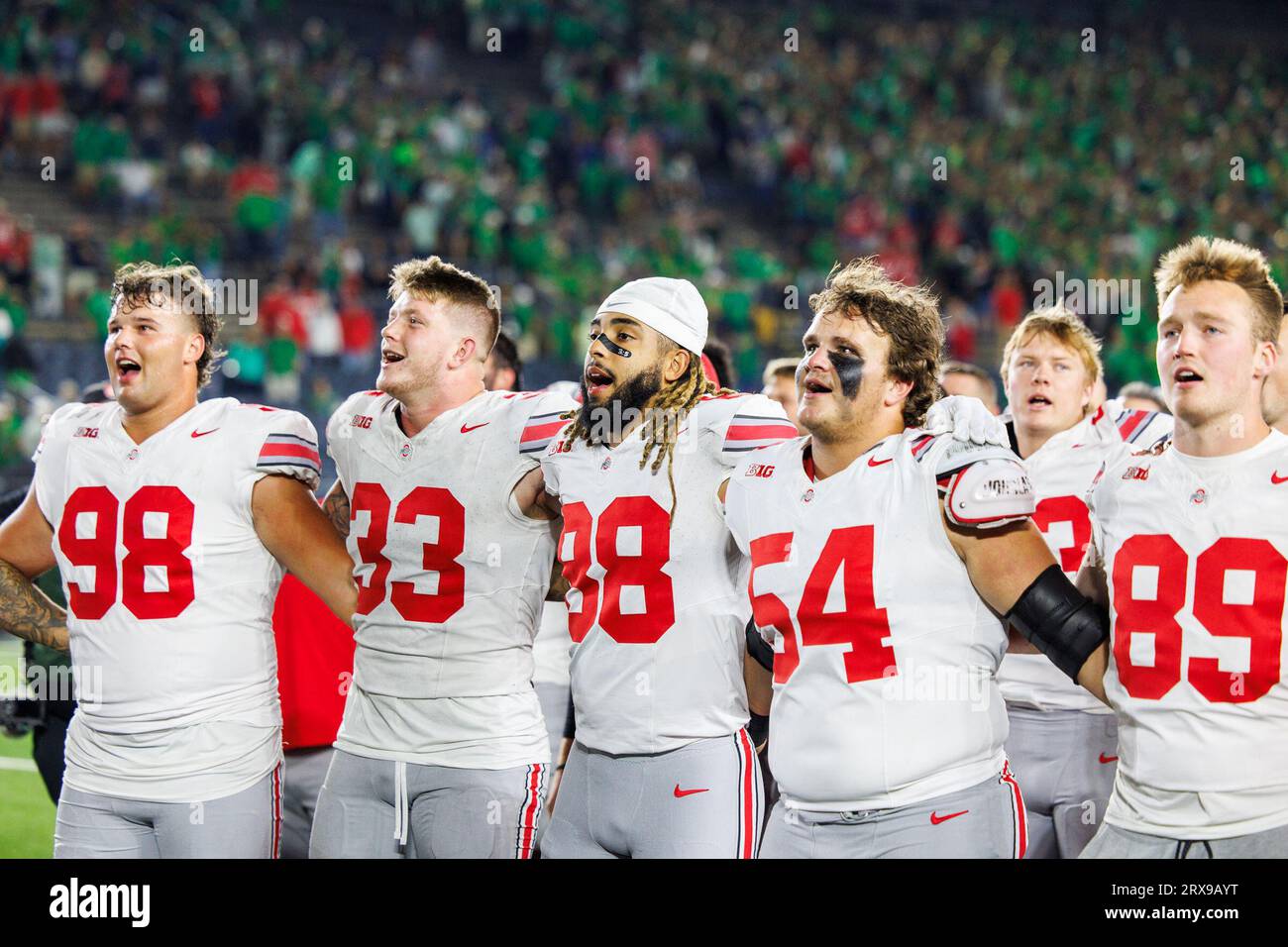 South Bend, Indiana, USA. 23rd Sep, 2023. Ohio State players sing the ...