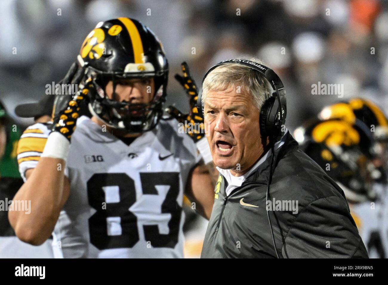 Iowa head coach Kirk Ferentz reacts during the second half of an NCAA ...