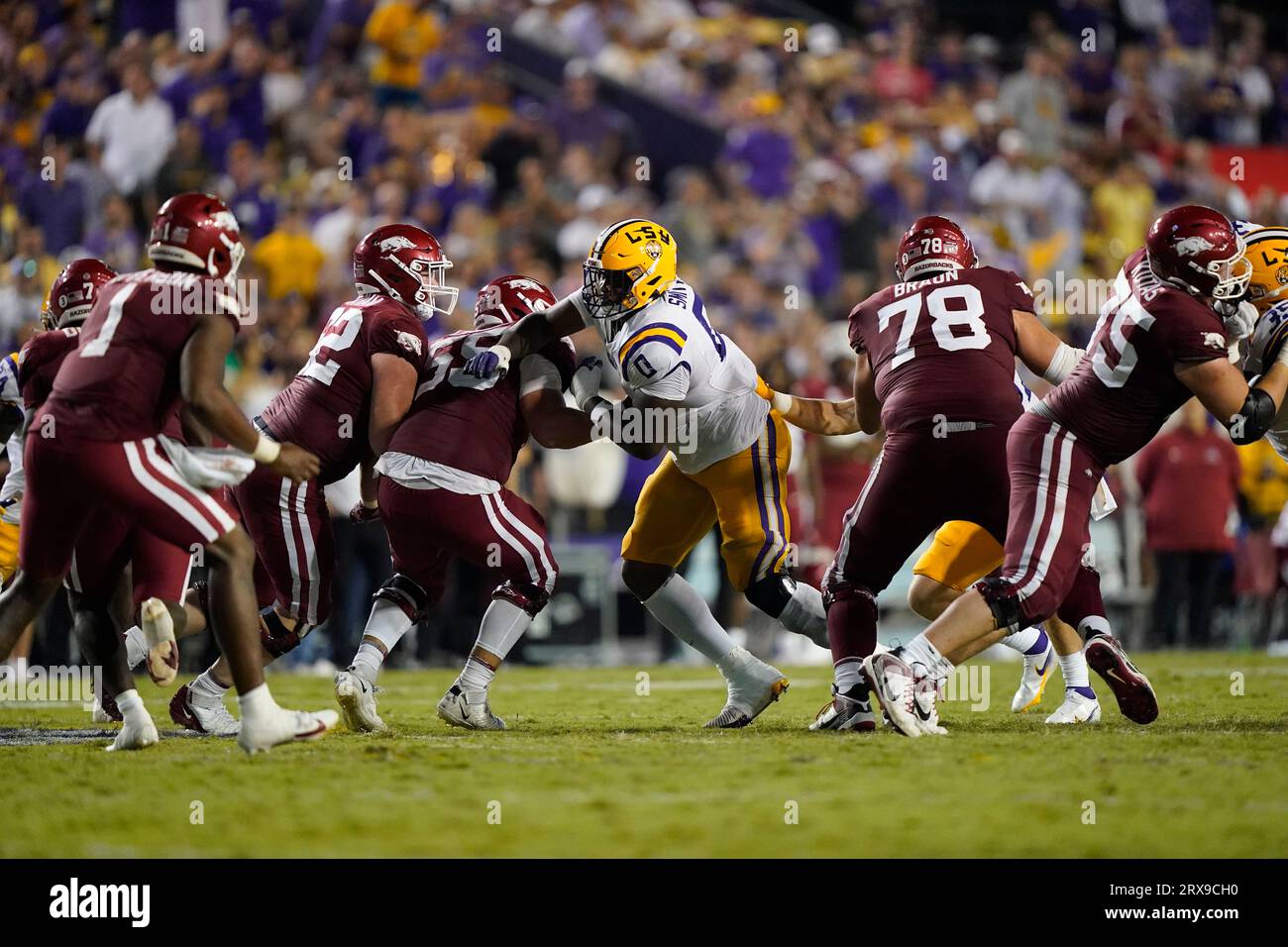 LSU defensive tackle Maason Smith (0) rushes off the line in the second ...