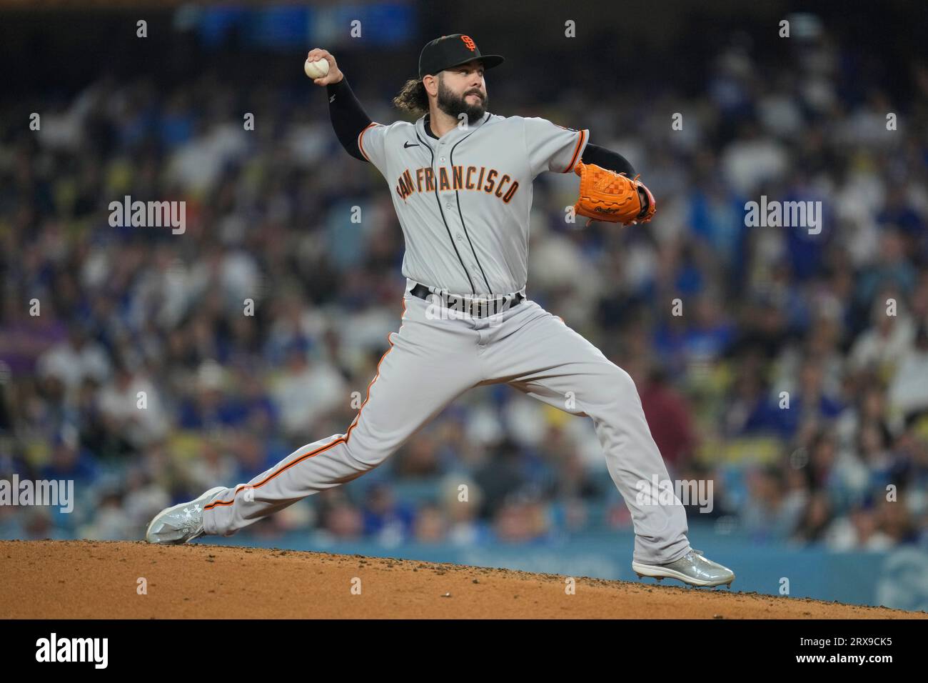 San Francisco Giants relief pitcher Jakob Junis (34) throws during a baseball game Los Angeles ...
