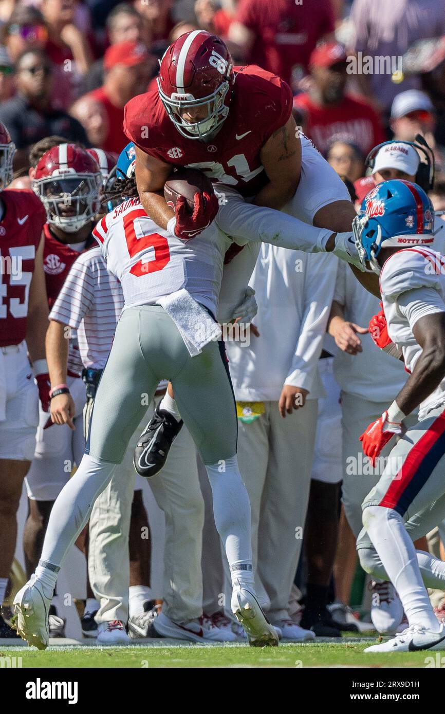 Alabama tight end CJ Dippre (81) goes airborne as Mississippi defensive ...