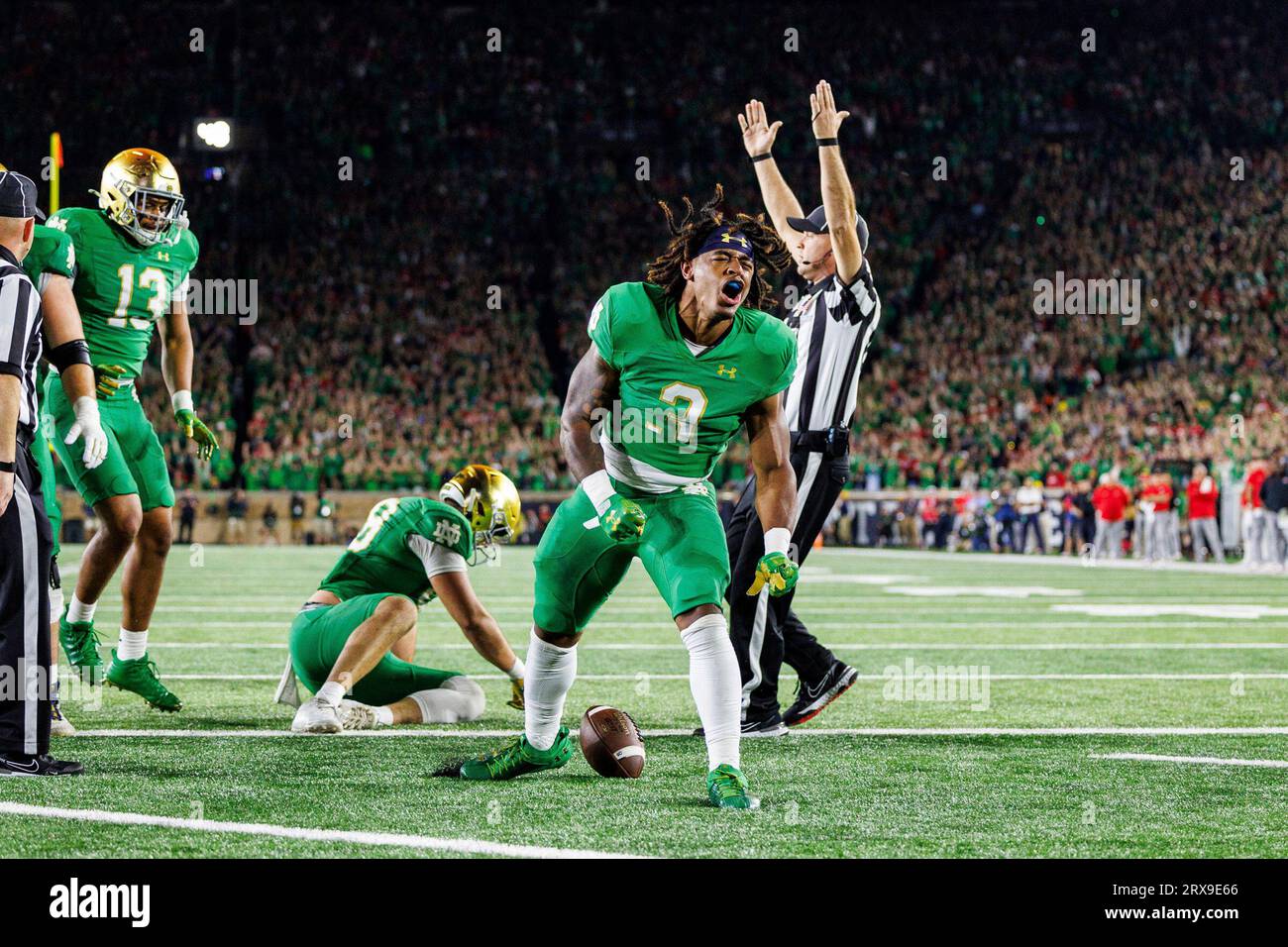 September 23, 2023: Notre Dame running back Gi'Bran Payne (3) reacts to ...