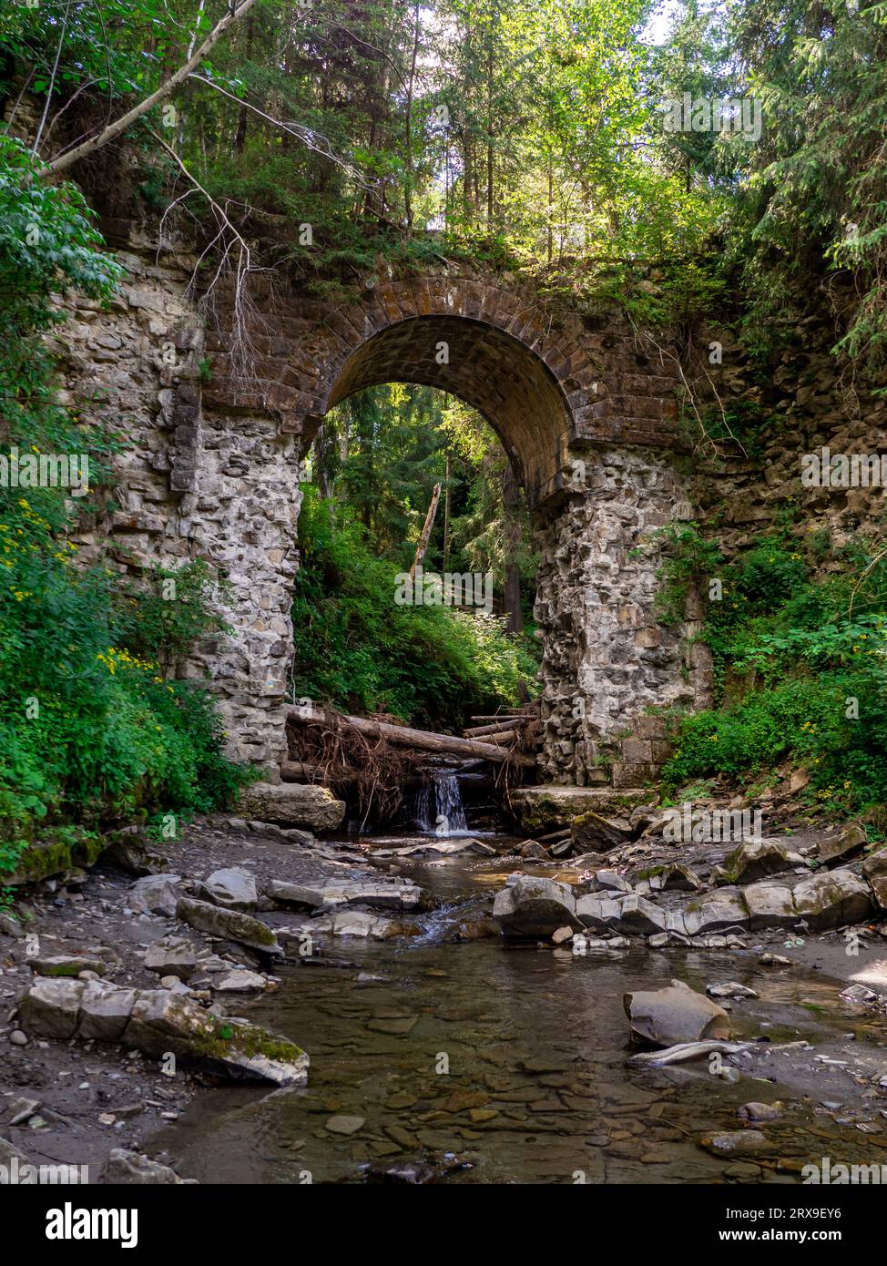 Picturesque ruins of the narrow-gauge viaduct carriage bridge in the ...