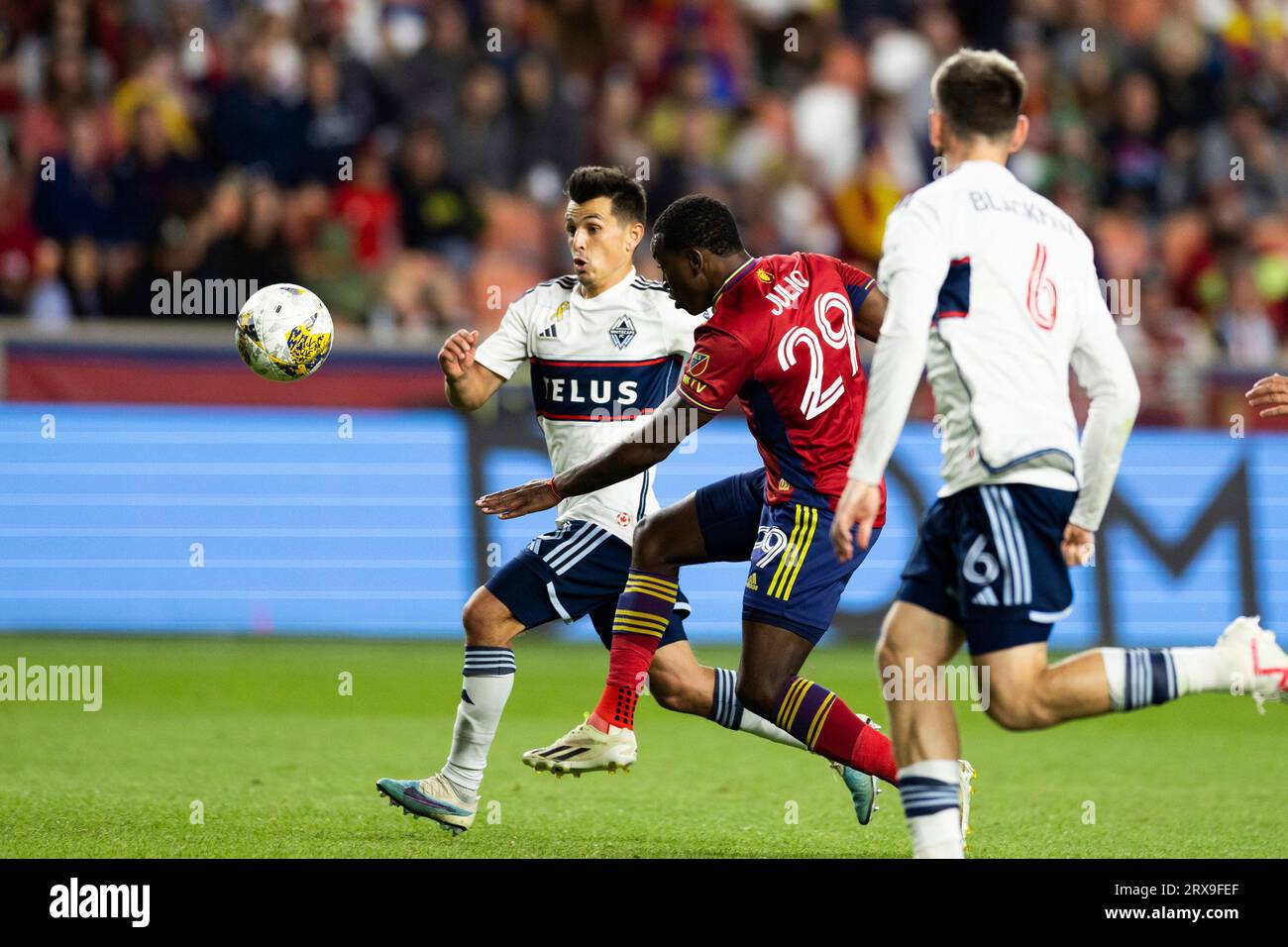 Vancouver Whitecaps midfielder Andrés Cubas (20) breaks away for the ...