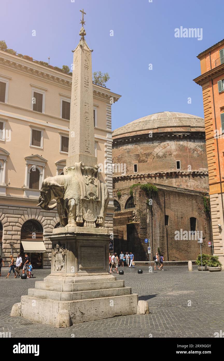 Bernini Elephant Obelisk with the Pantheon in Rome behind Stock Photo ...