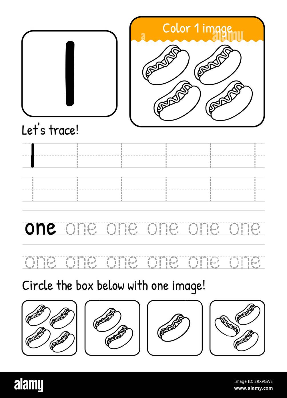 Word And Number One Tracing Book Interior Worksheet Page With Coloring ...