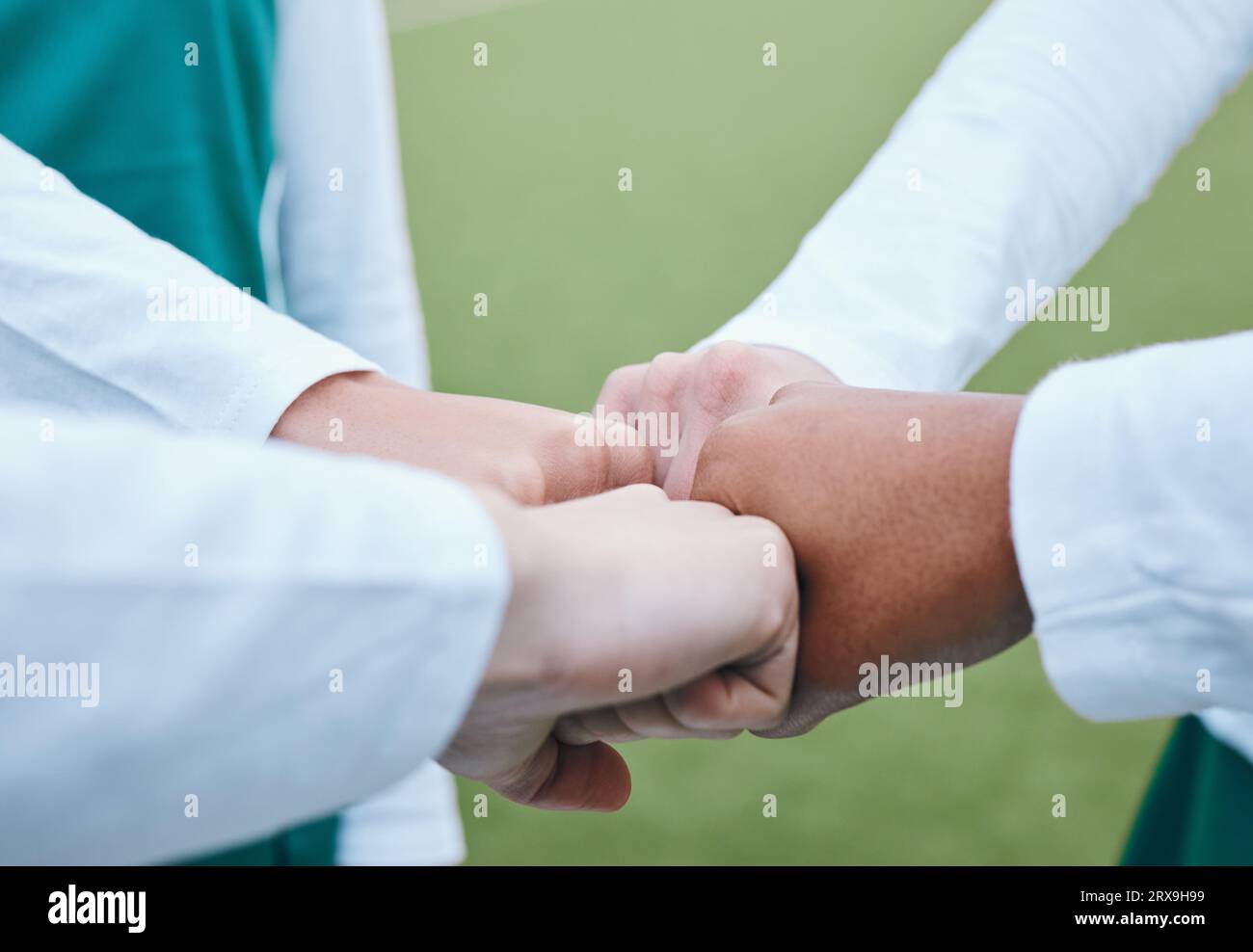 Exercise, closeup and people with support, fist bump and motivation ...