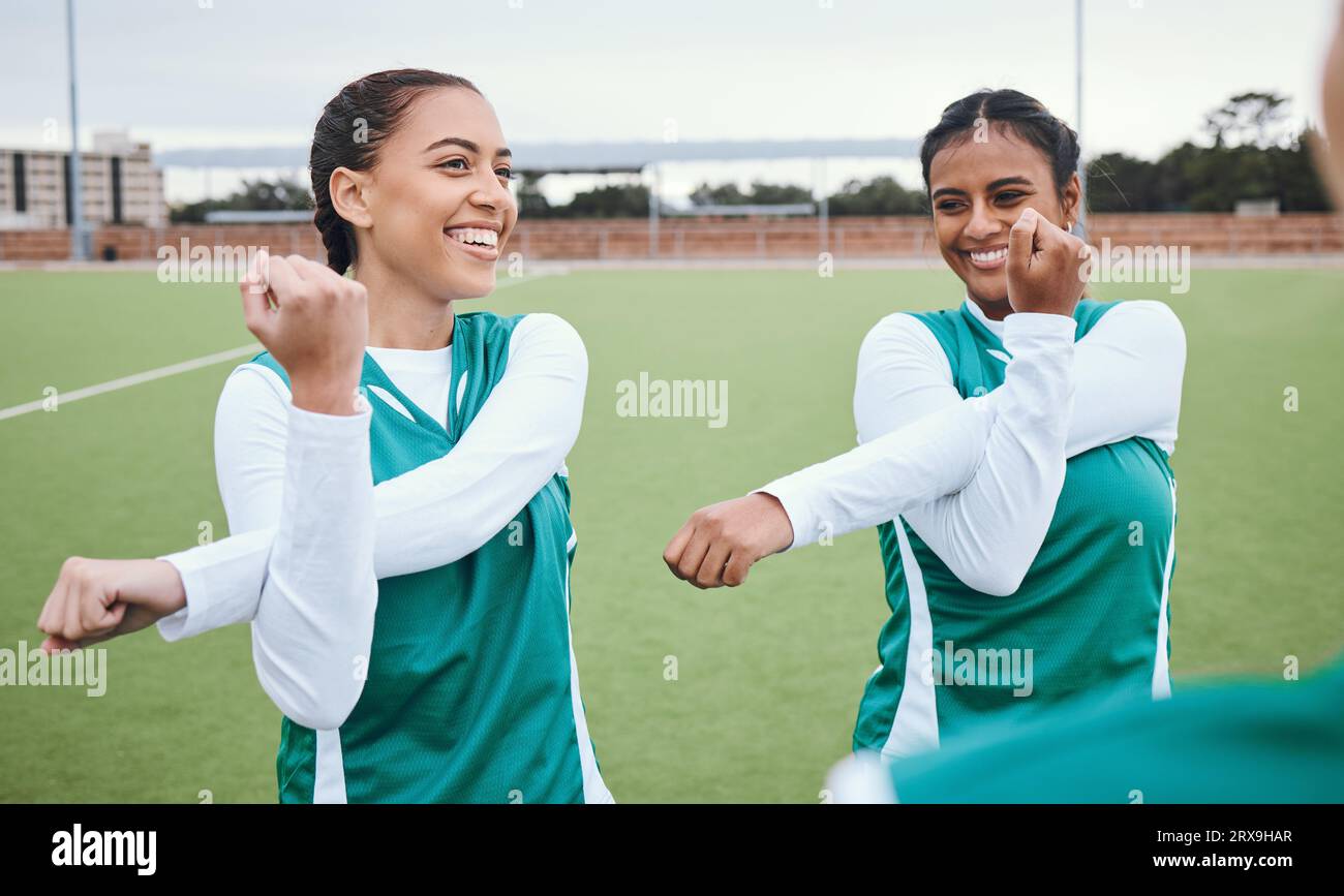 Field, women and friends stretching, exercise and warm up with support ...