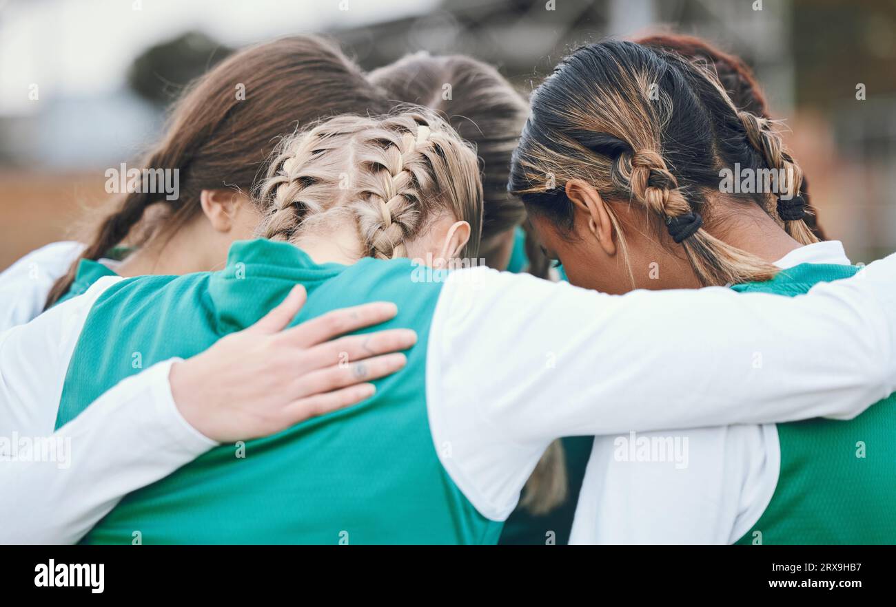 Hug, sports women or team in huddle with support, solidarity or plan ...