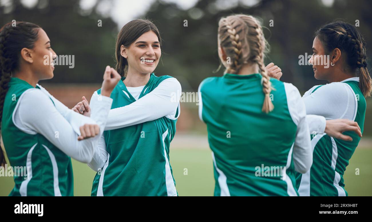 Field, women and team stretching, fitness and warm up with exercise ...