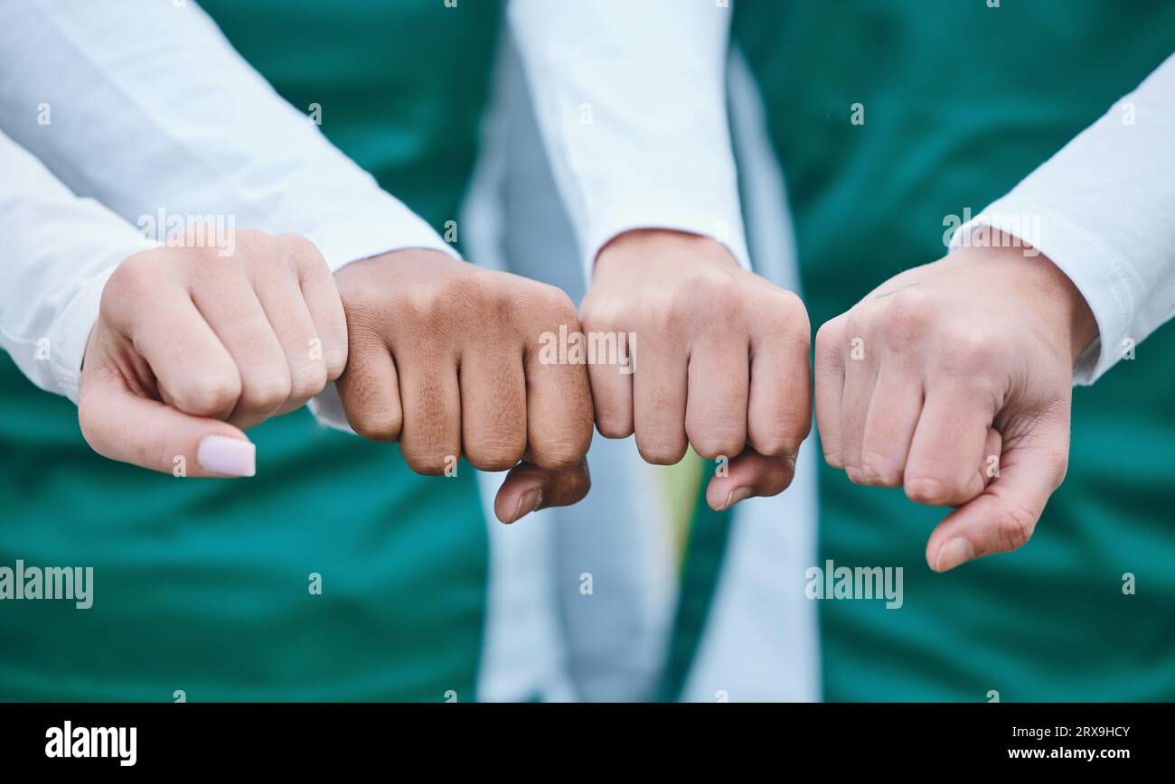 Celebration, closeup and team with support, fist bump and motivation ...