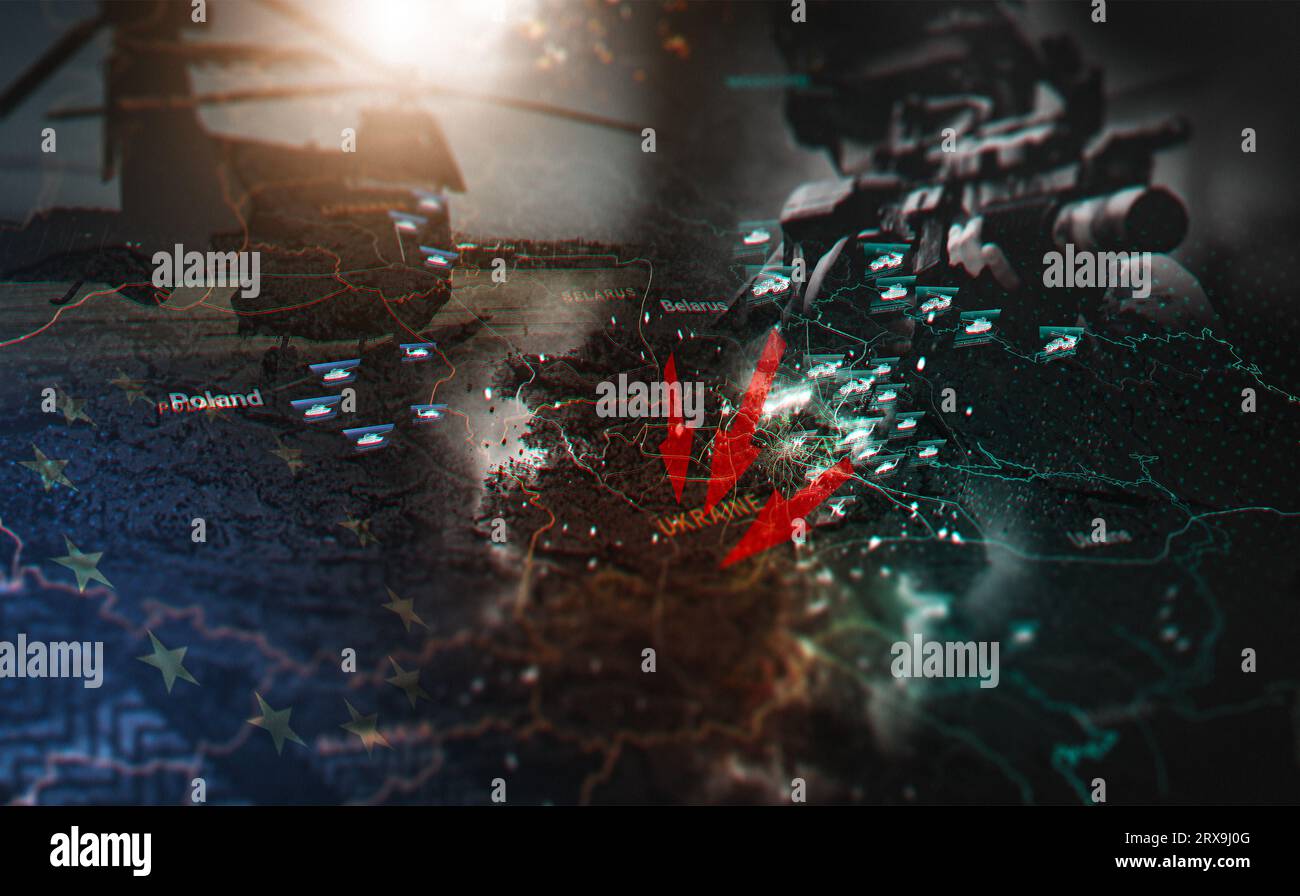 Soldier, gun and Ukraine in war, double exposure or Europe flag with ...