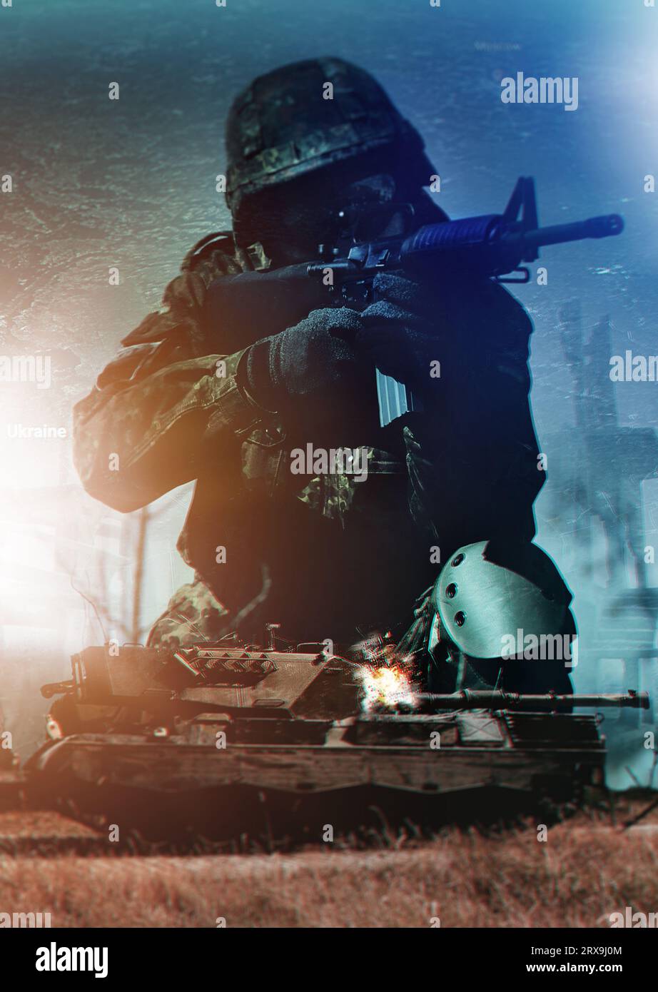 Soldier man, gun and tank with battlefield, overlay and conflict with ...