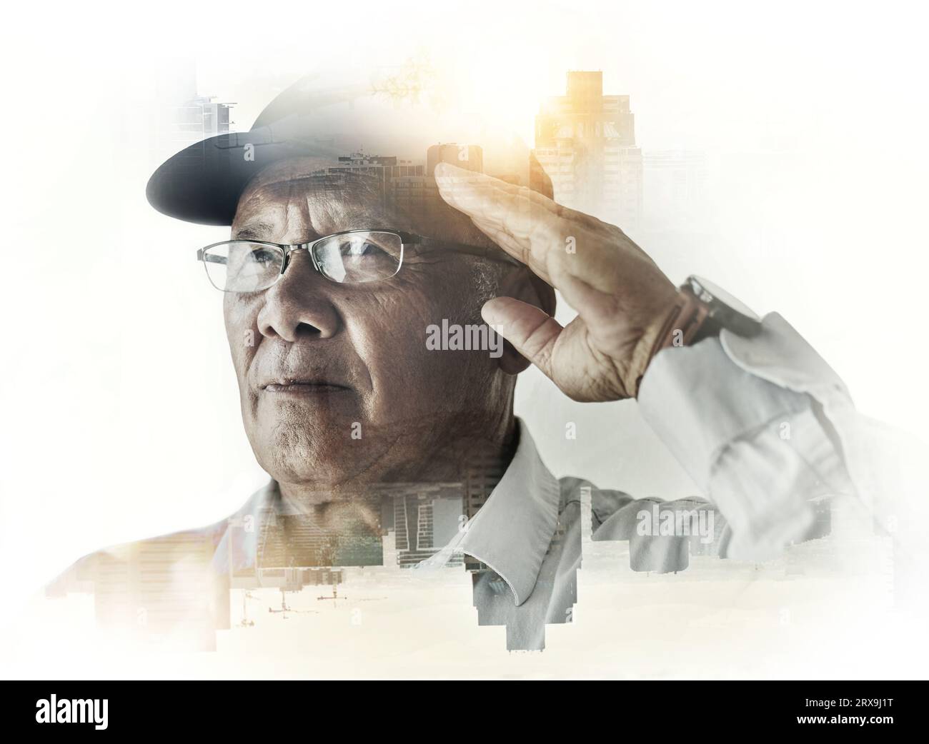 Army man, salute and double exposure for war, military services or ...