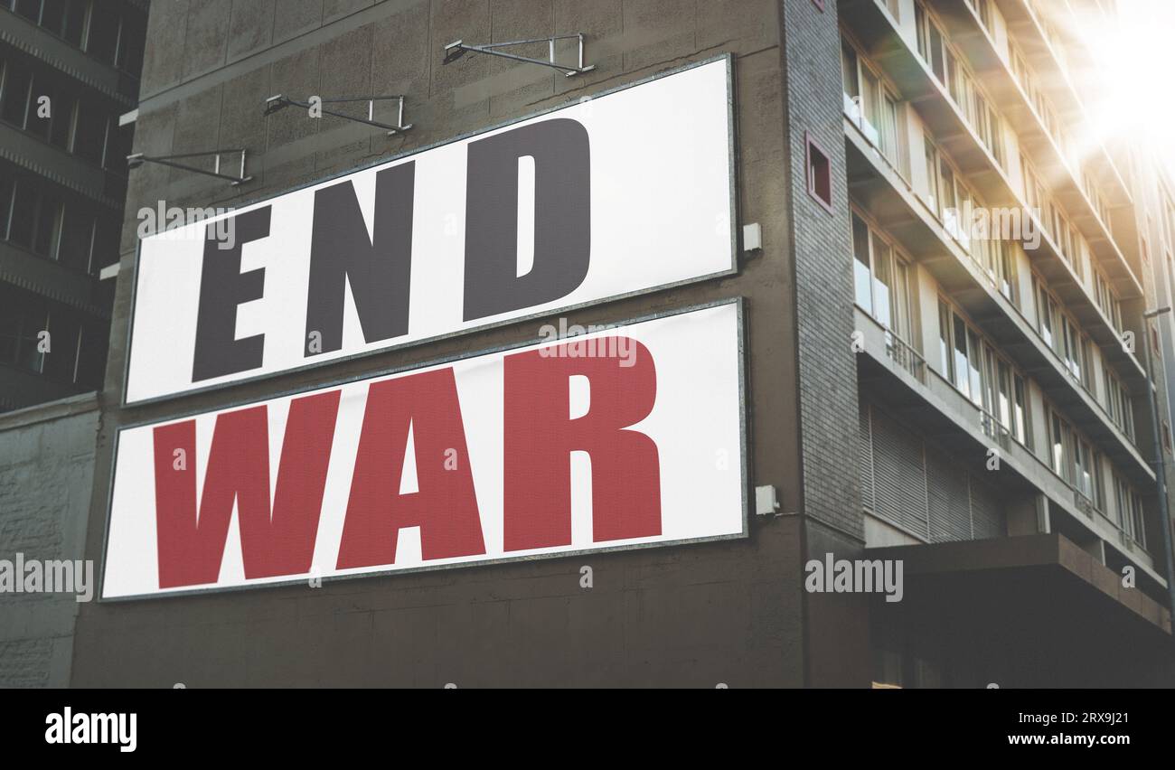 Billboard, poster and information on building, wall and war, propaganda ...