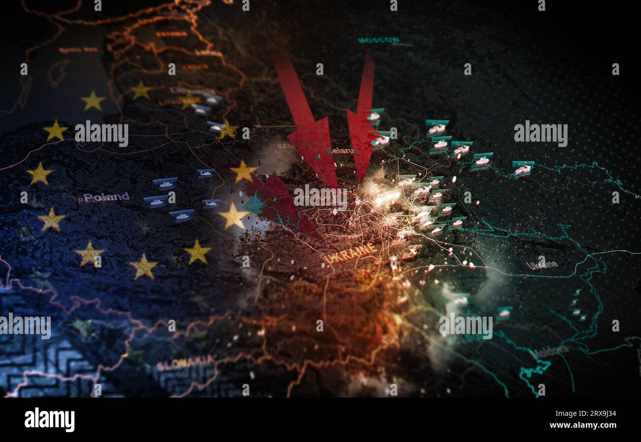 Ukraine map, war and satellite for Europe flag, arrow illustration and ...